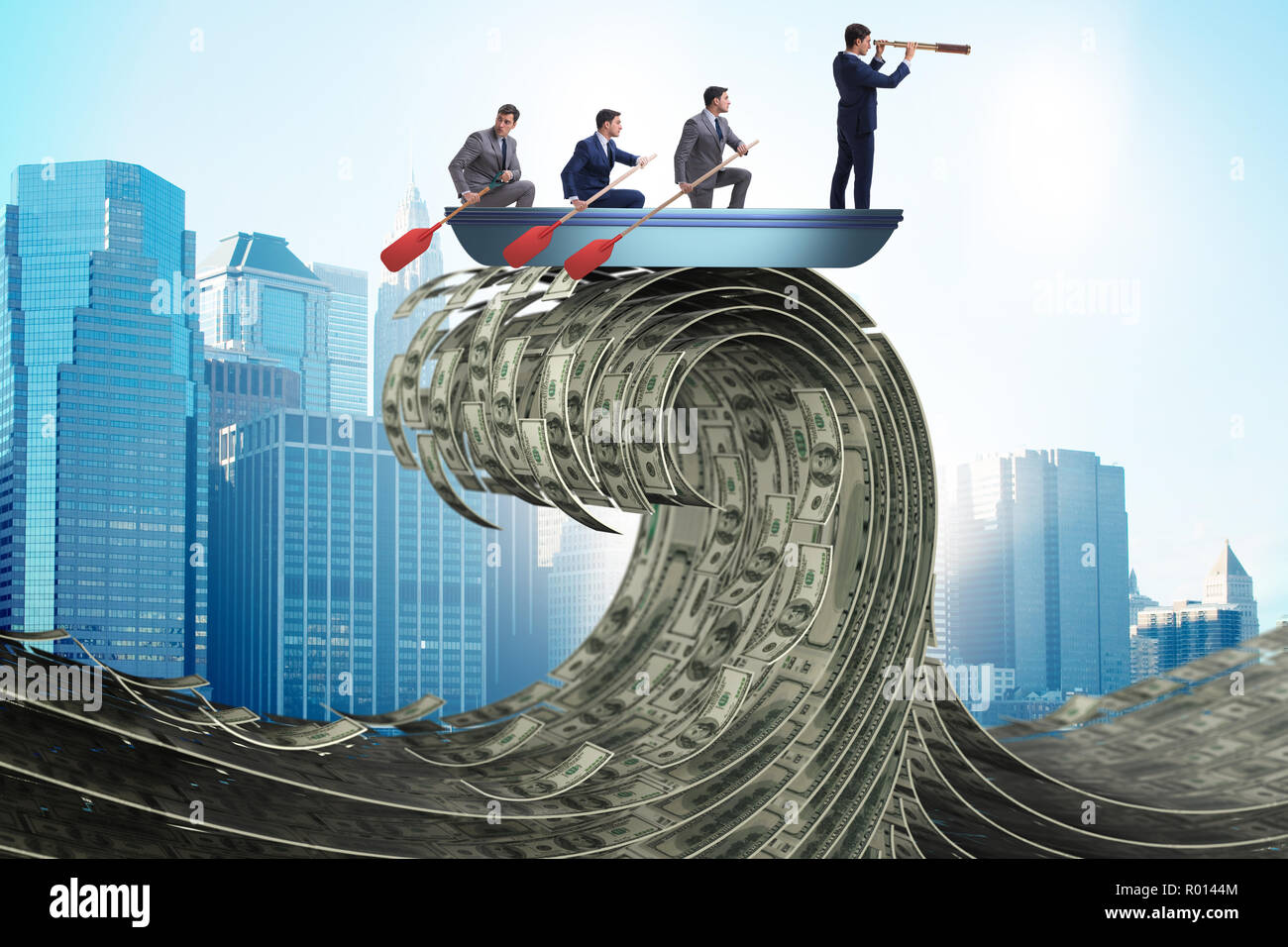 Businessman leading his team through wave of dollars Stock Photo - Alamy