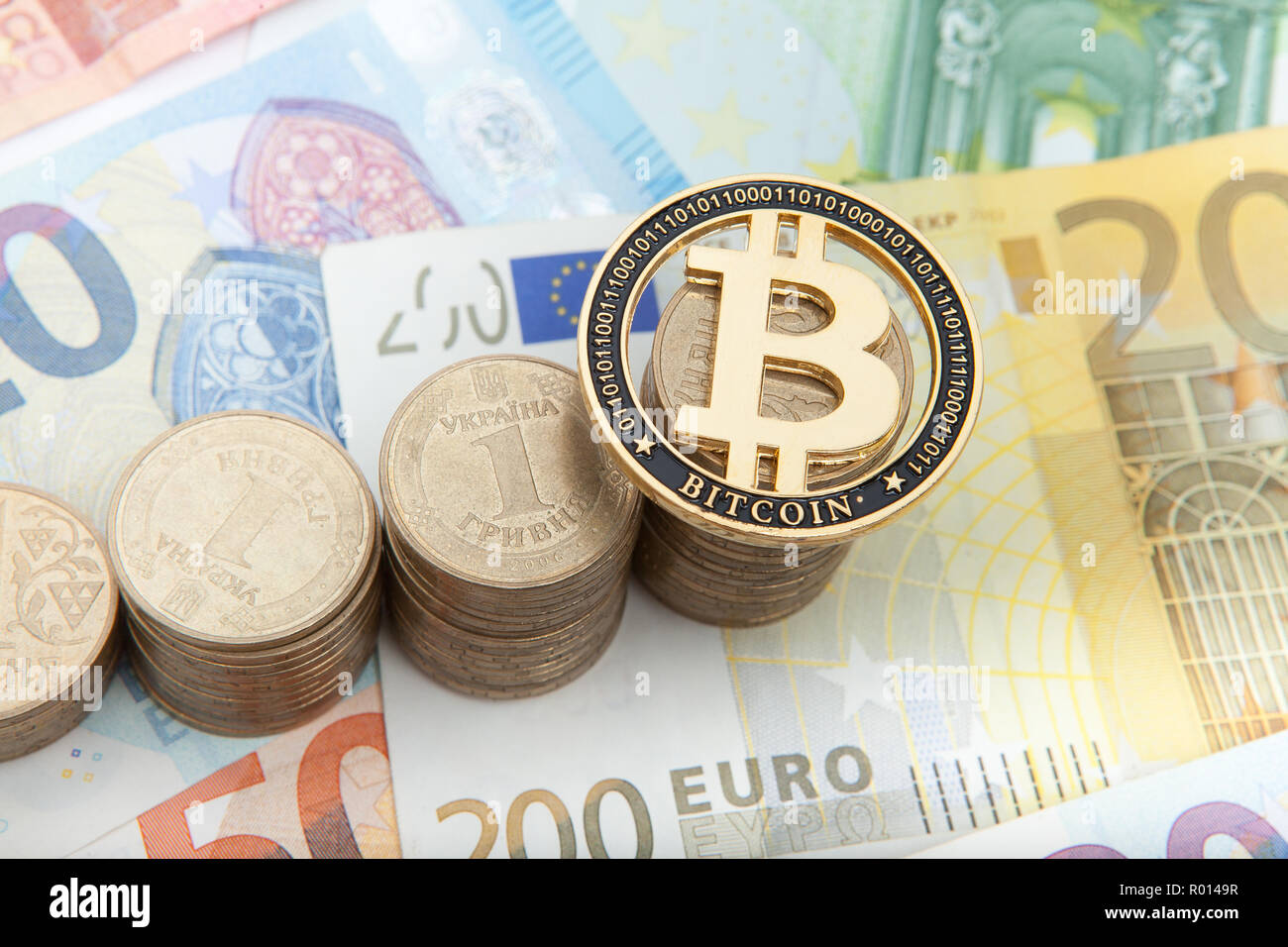 Financial growth concept. Histogram with coins and Bitcoin in euro ...