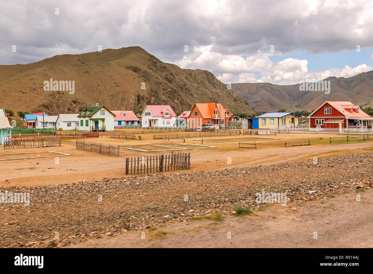 Colorful houses in small rural settlement outside capital Ulaanbaatar ...