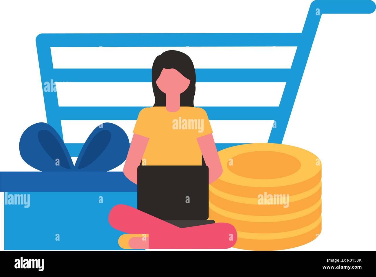 woman with laptop shopping cart money online buying Stock Vector Image ...