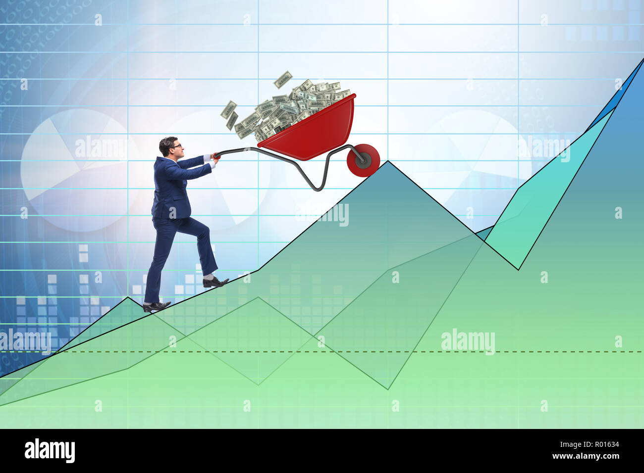 Businessman pushing wheelbarrow full of dollar money Stock Photo - Alamy