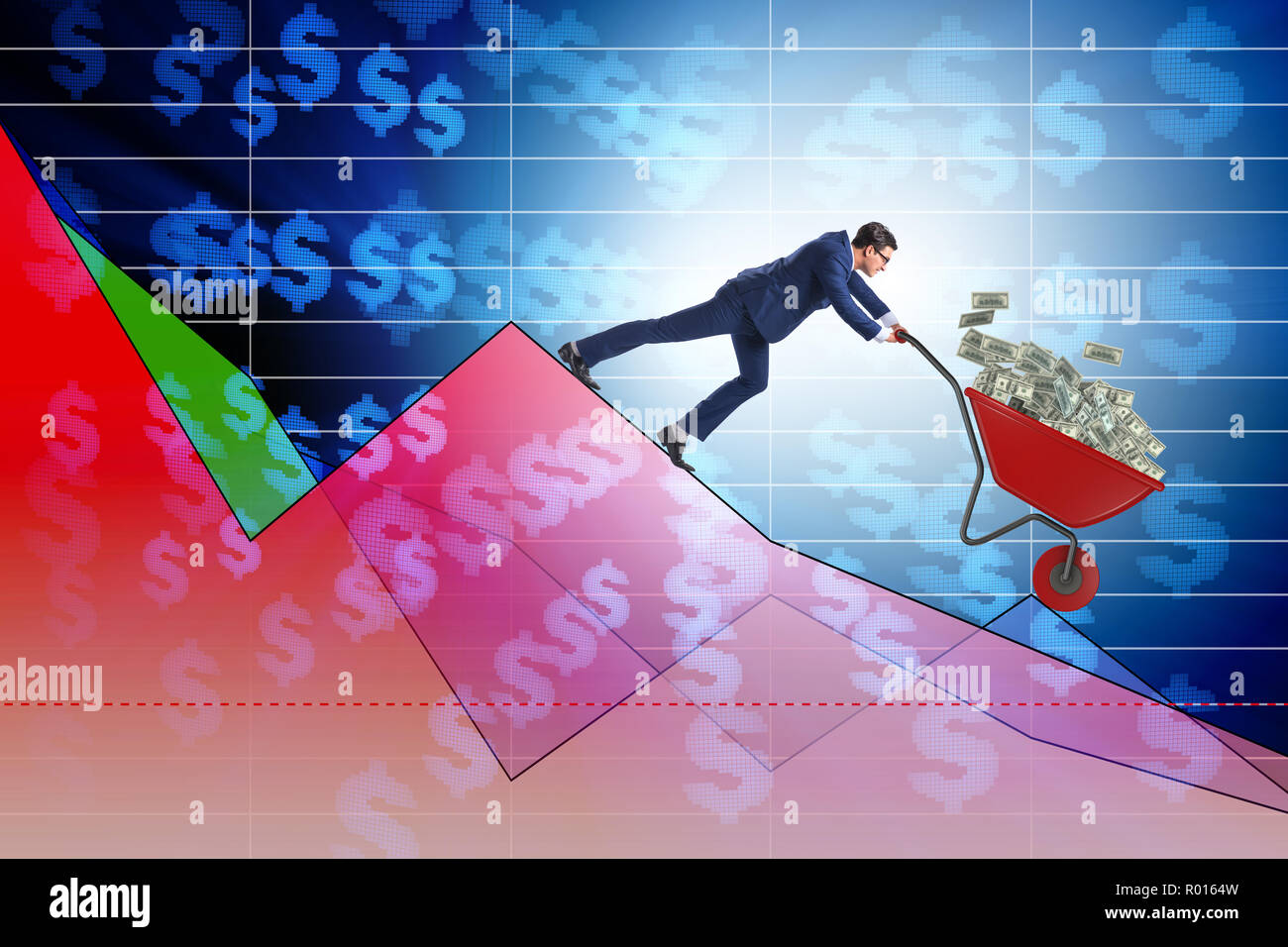 Businessman pushing money wheelbarrow down the chart Stock Photo - Alamy