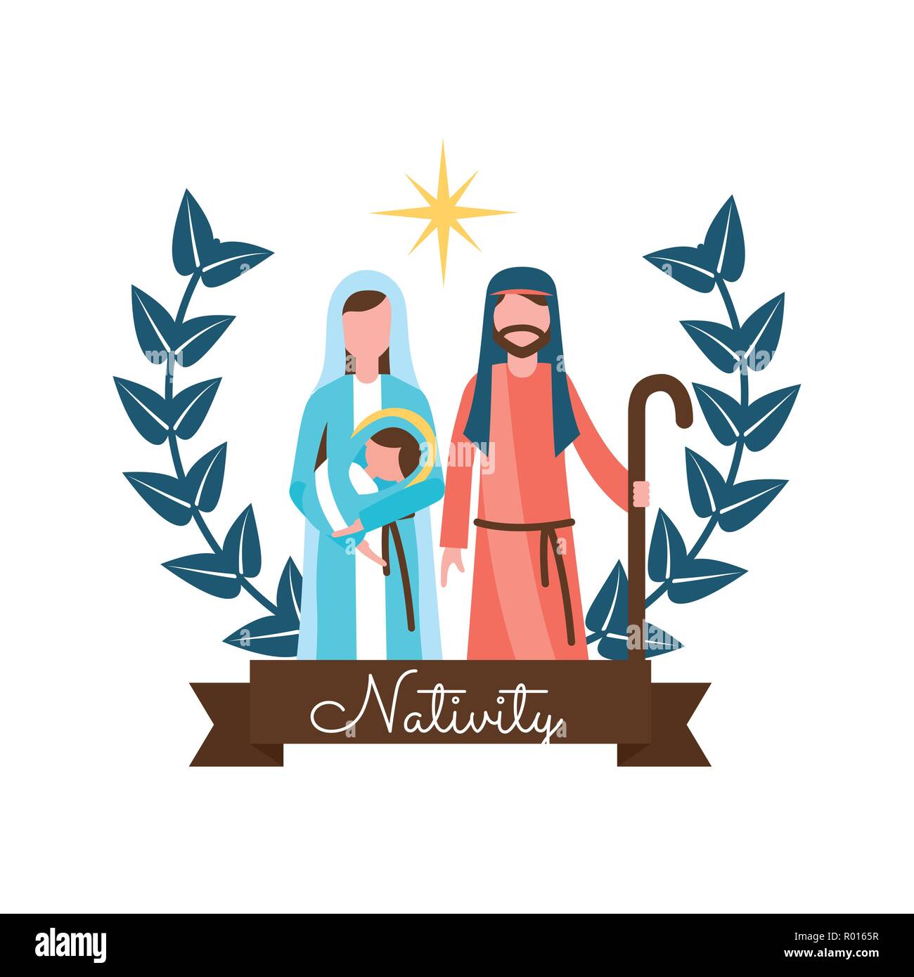 manger epiphany leaves ribbon nativity sacred family vector ...