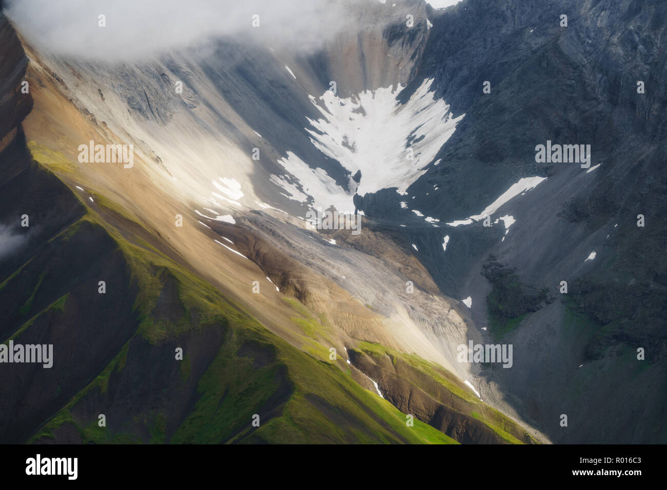 Aerial view of deep valley in Wrangell St. Elias National Park known as ...