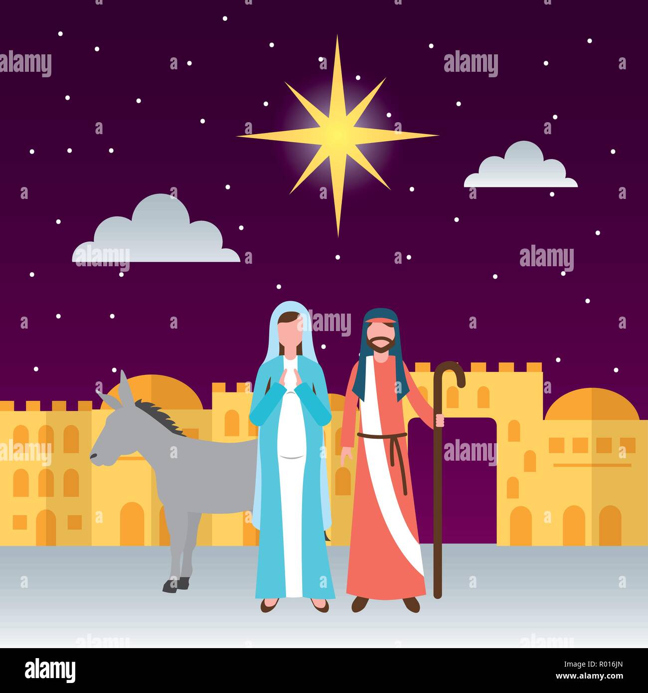 manger epiphany clouds maria and joseph donkey vector illustration ...