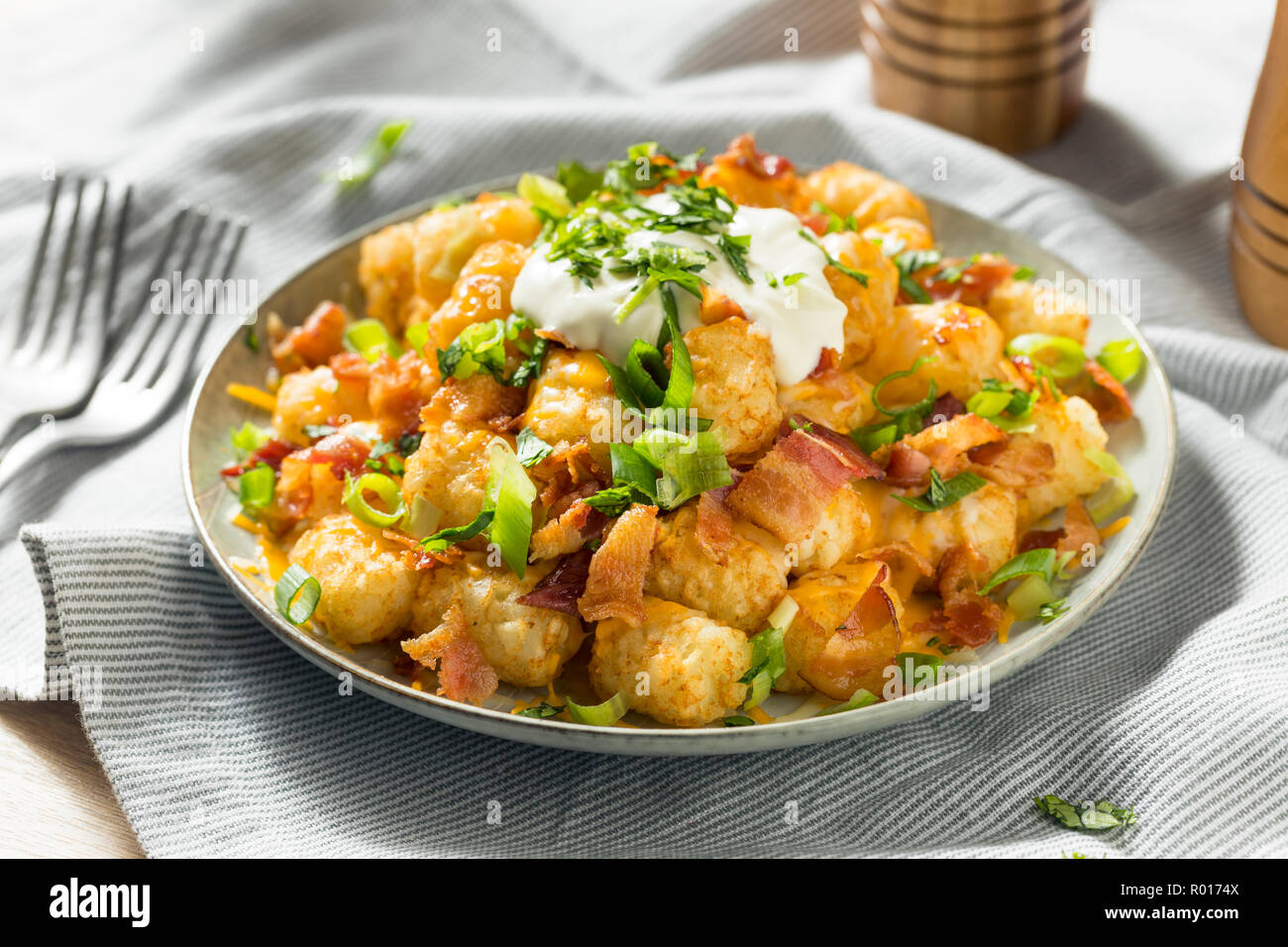 Spicy Homemade Loaded Taters Tots with Cheese and Bacon Stock Photo - Alamy