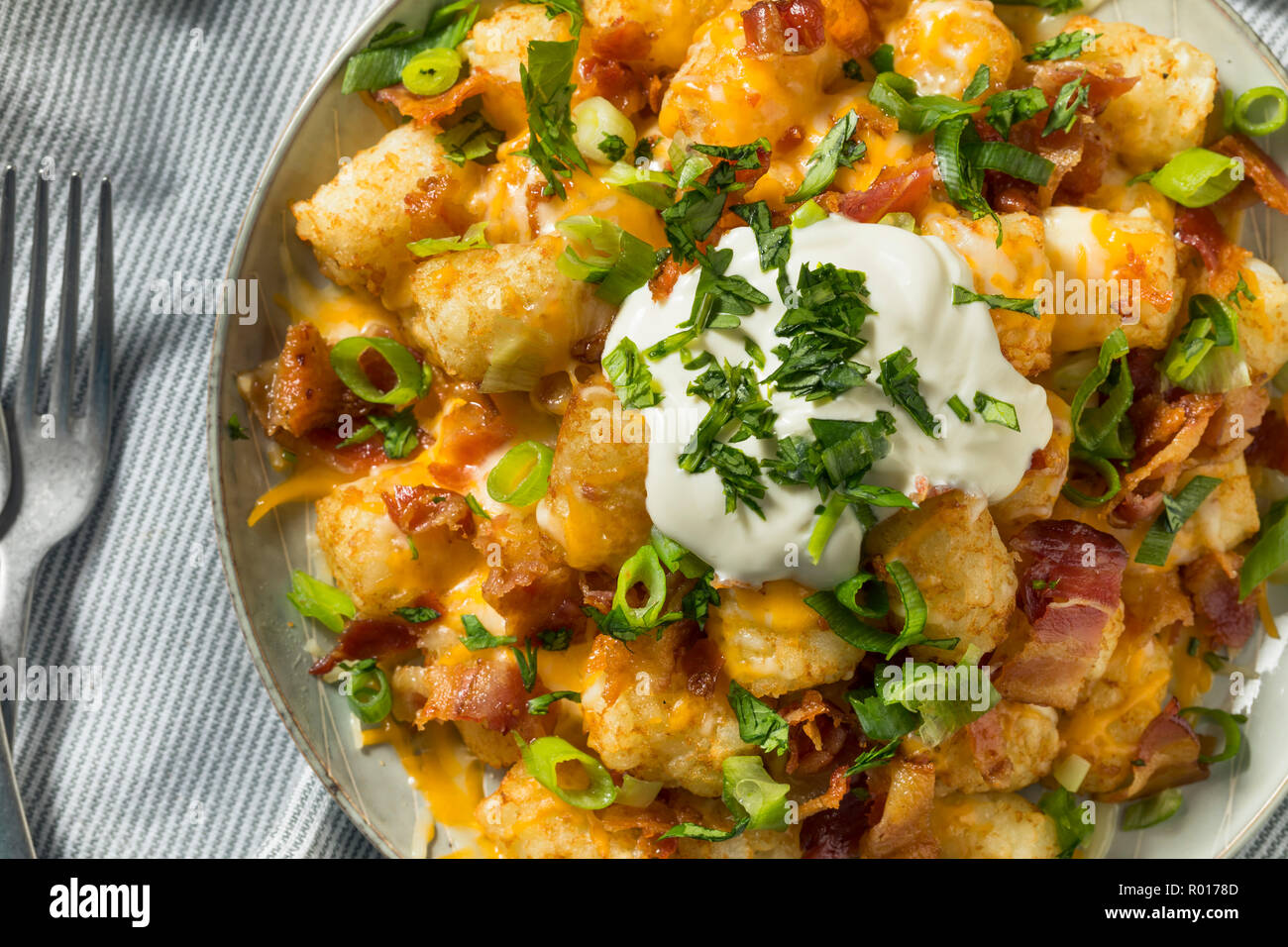 Spicy Homemade Loaded Taters Tots with Cheese and Bacon Stock Photo - Alamy
