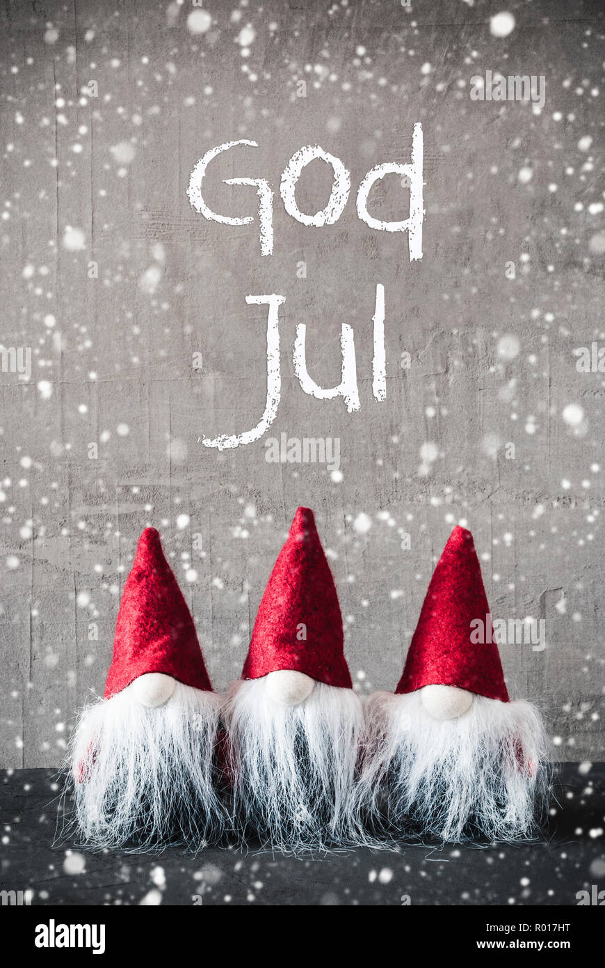 Red Gnomes, Cement, Snowflakes, God Jul Means Merry Christmas Stock ...