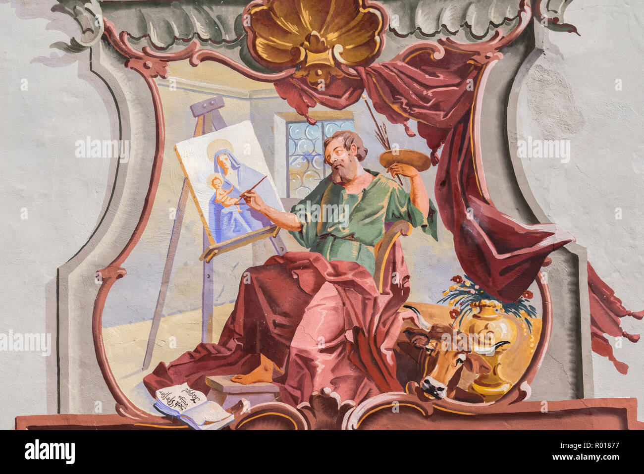 Wall painting showing a painter painting Maria and Joseph, Mittenwald ...