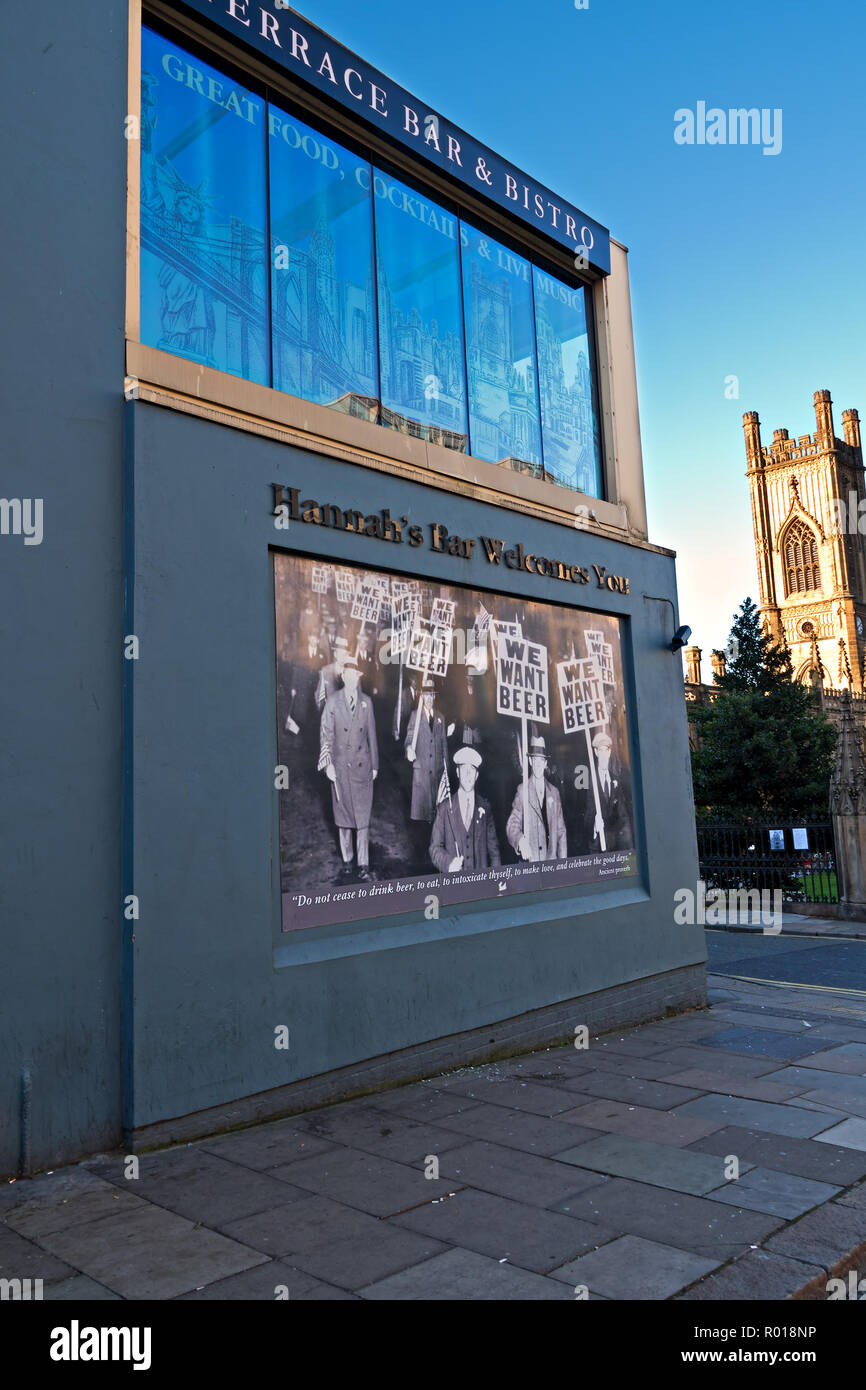 "We Want Beer" poster on the front of Hannah's bar on Leece St ...