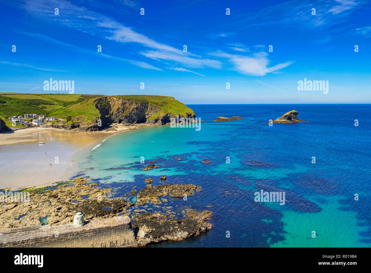 27 June 2018: Portreath, North Cornwall, UK - The beach and breakwater ...