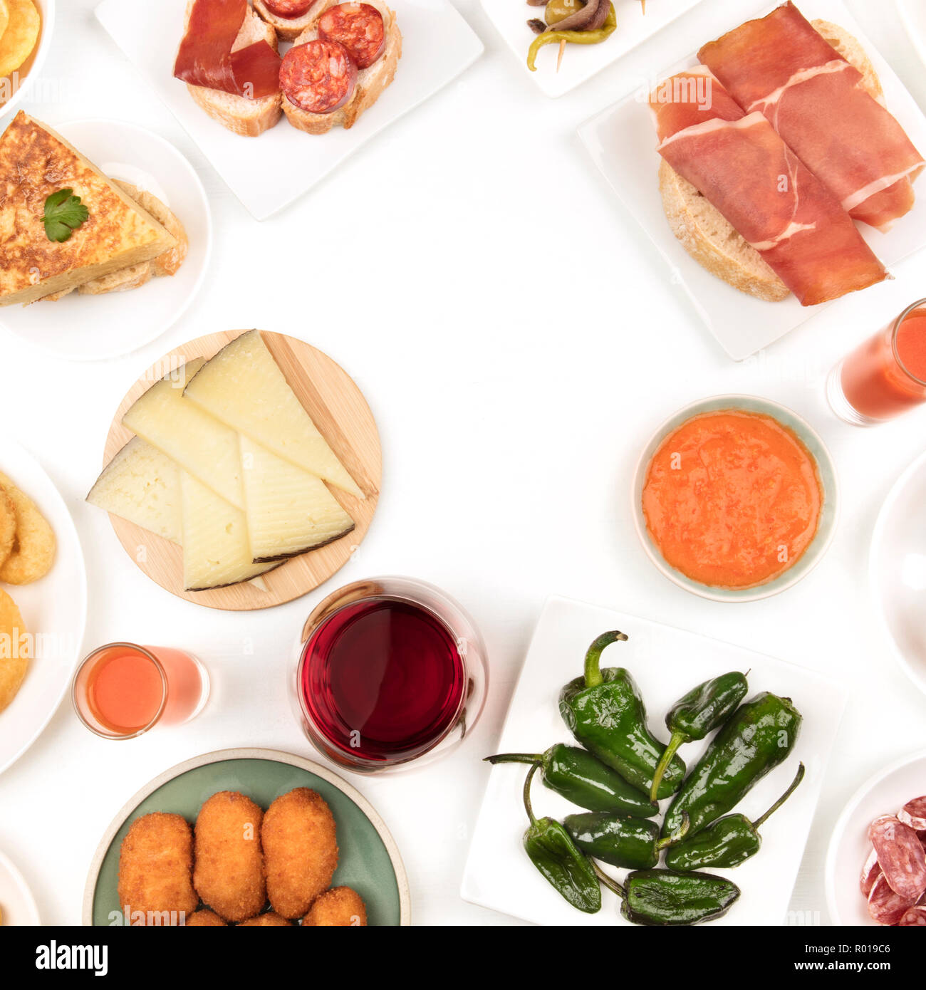 An overhead photo of a selection of Spanish tapas food, shot from the ...