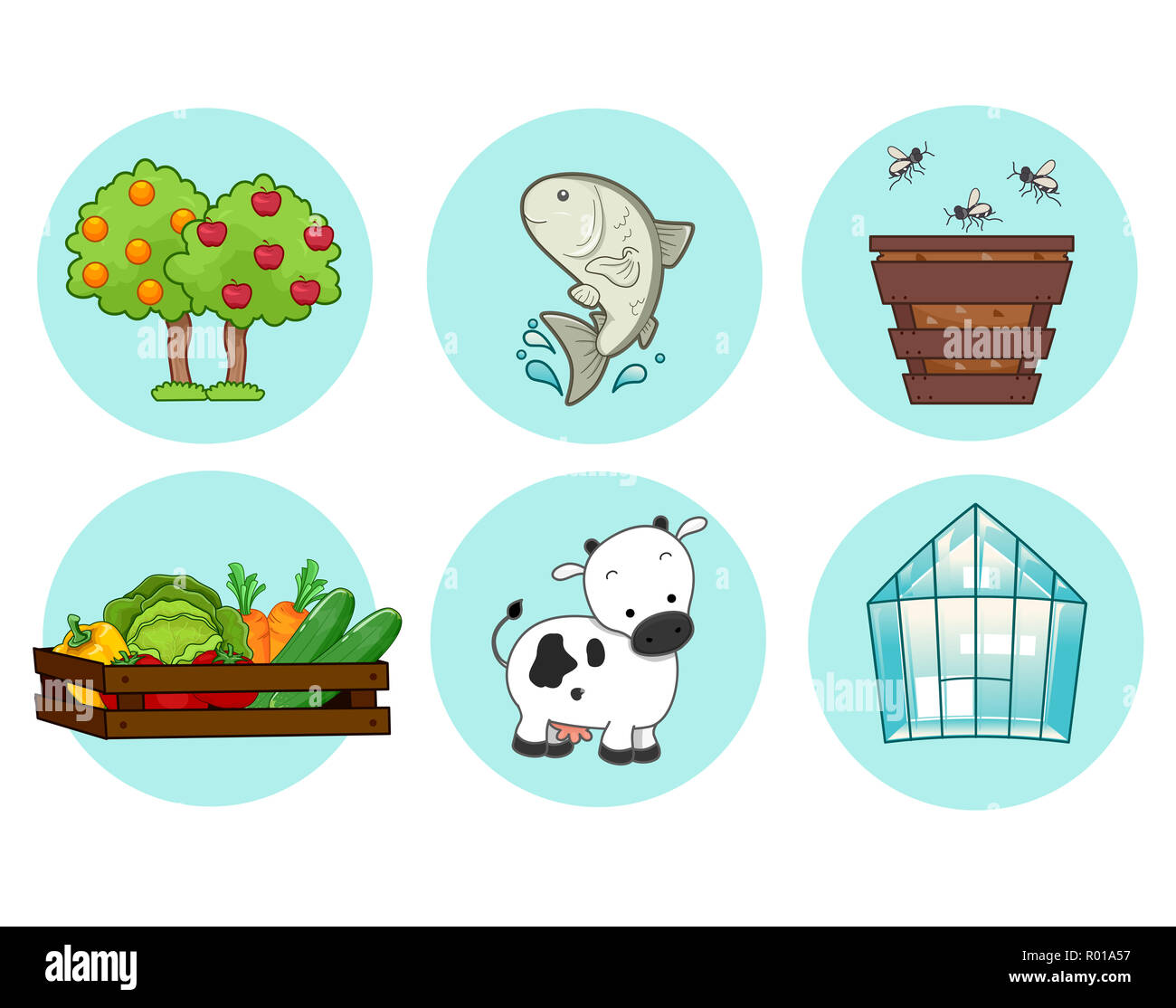 Illustration of Agriculture Elements Like Fruit Tree, Fish, Bee ...