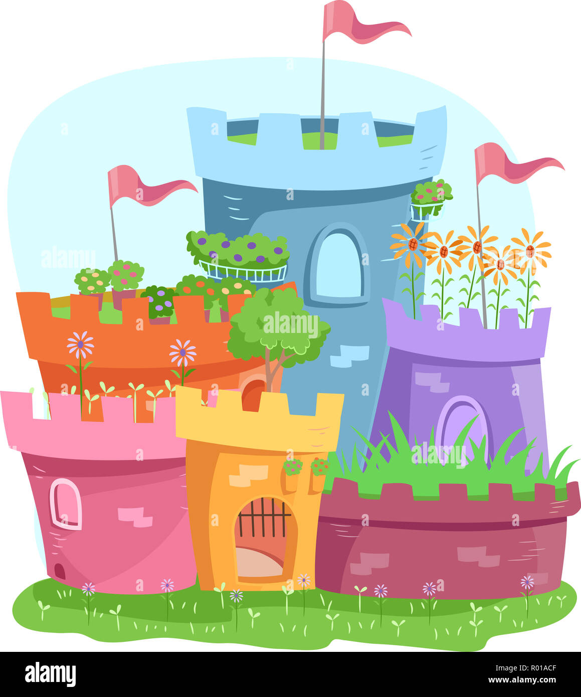Illustration of Different Garden Pots Decorated as a Miniature Castle ...