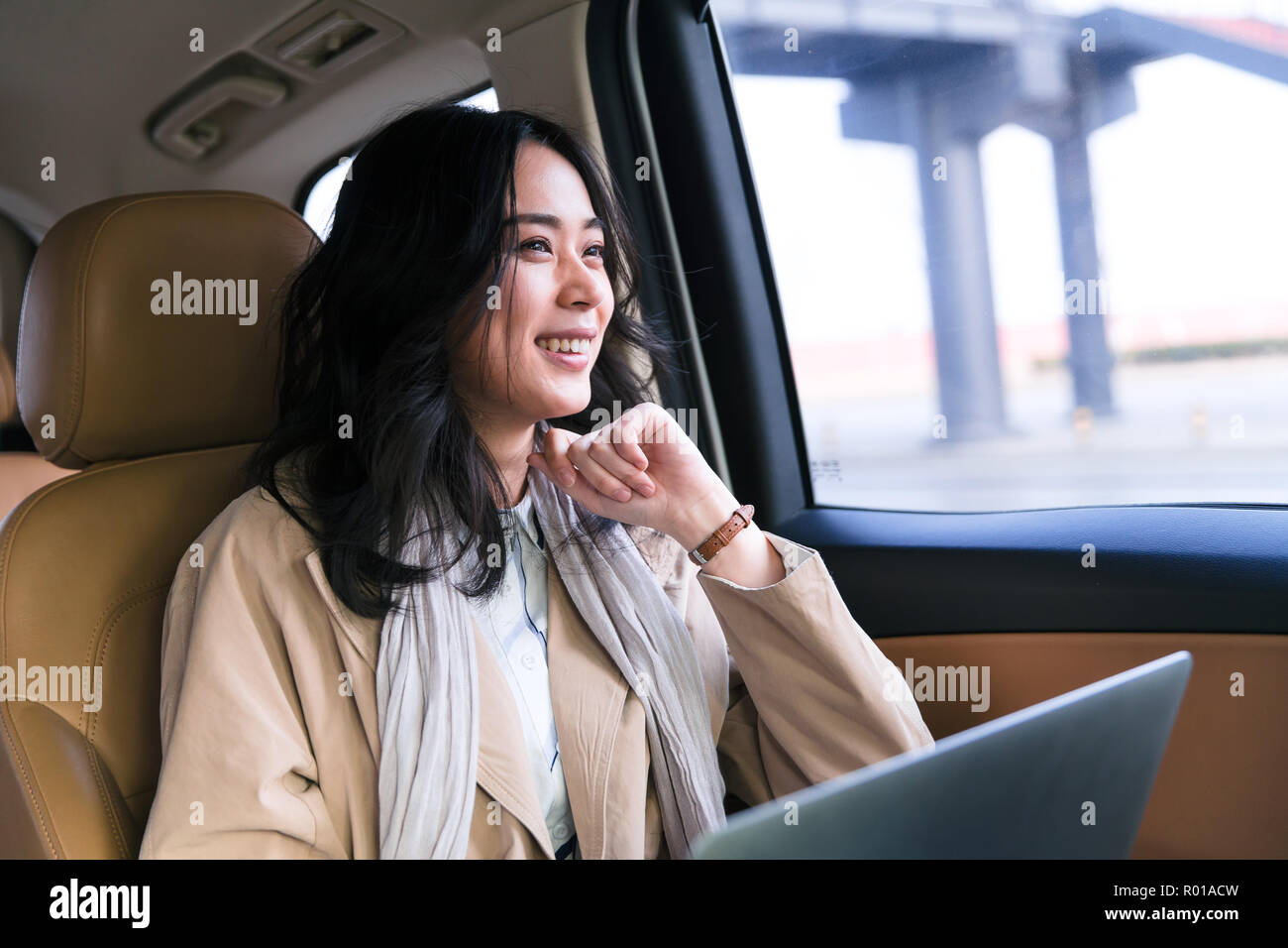 Business woman sitting in the back seat Stock Photo - Alamy