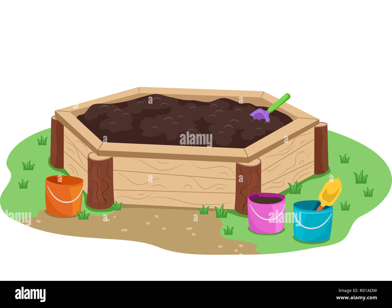 Illustration of a Container Filled with Mud in the Garden with Shovels ...