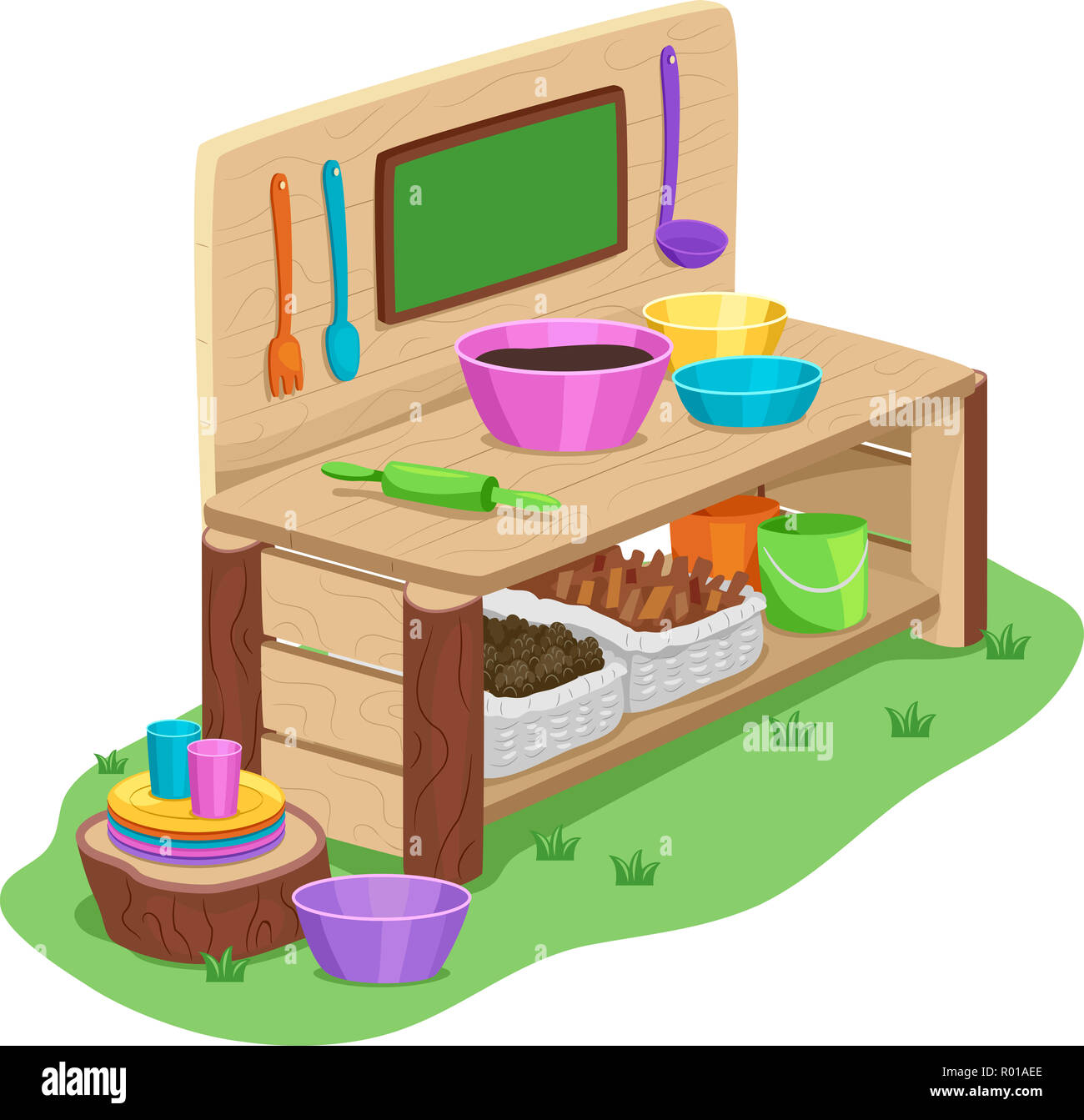 Illustration of a Mud Kitchen for Outdoors with Colorful Utensils ...