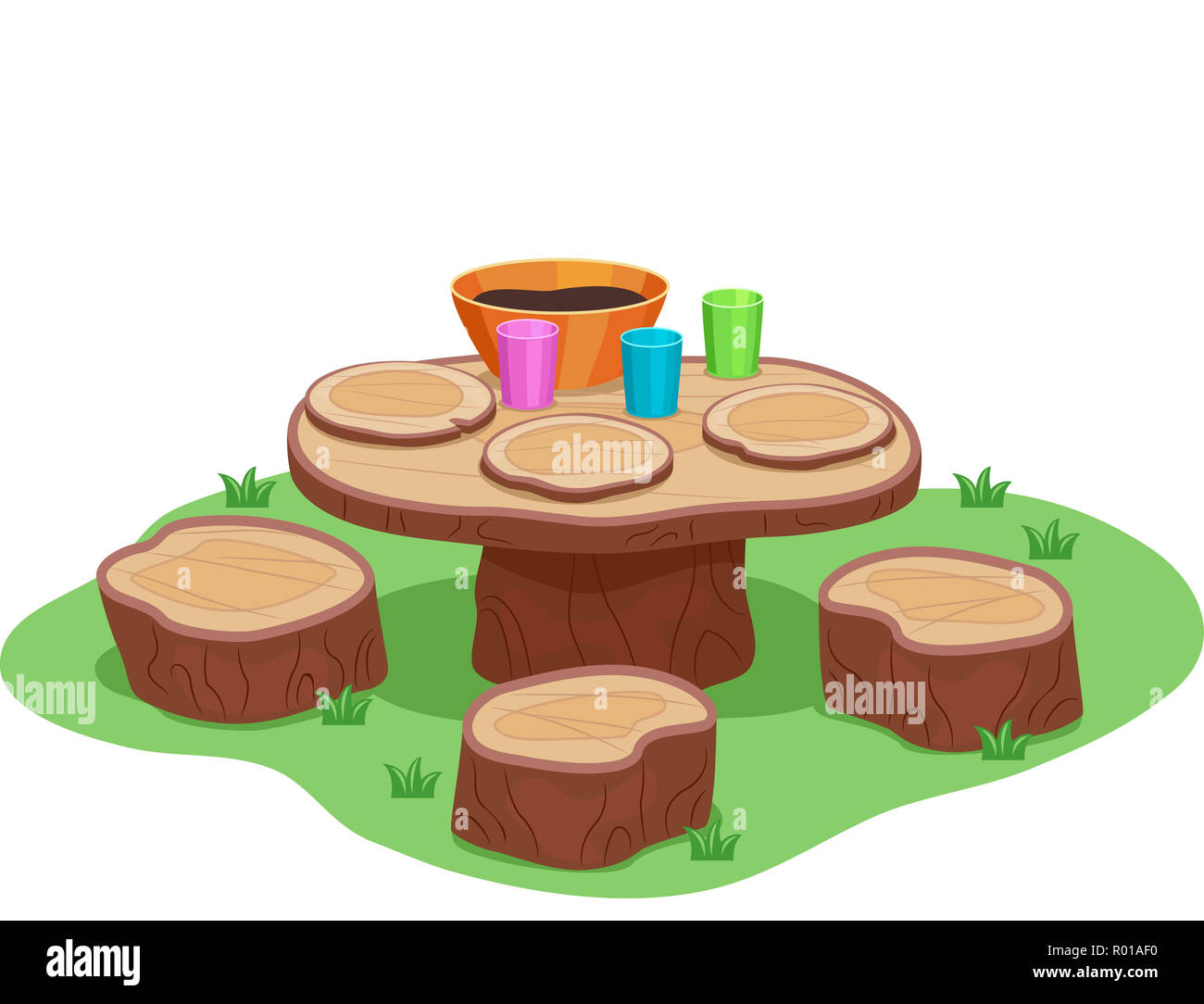 Illustration of a Mud Kitchen Table with Wooden Stools and Plate and ...