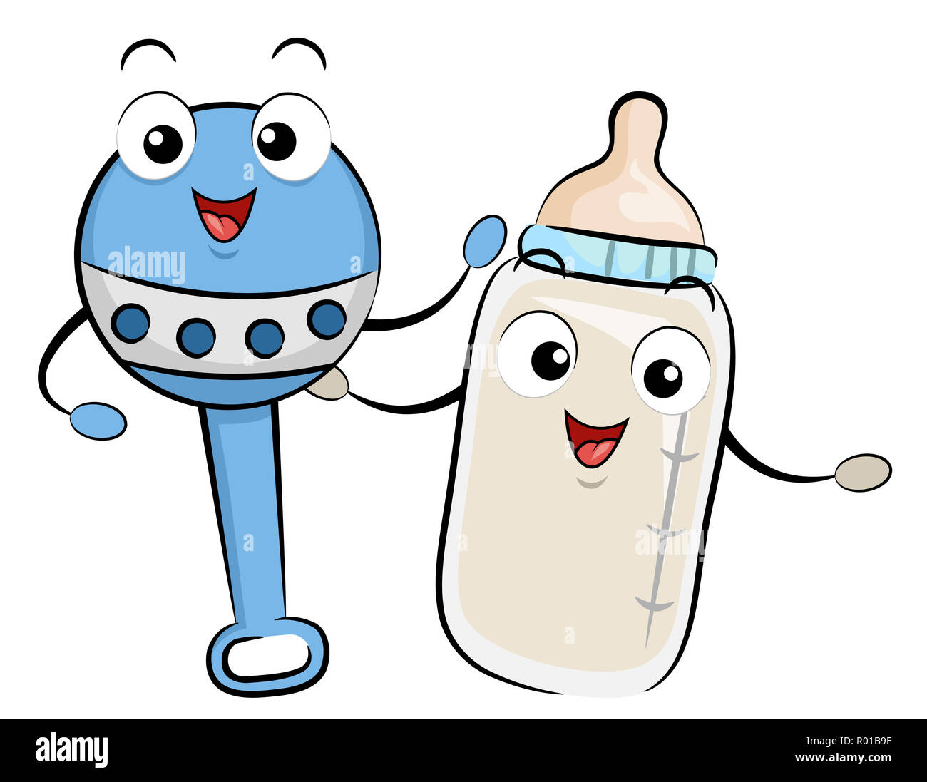Illustration of a Happy Baby Rattle and a Feeding Bottle Mascot ...