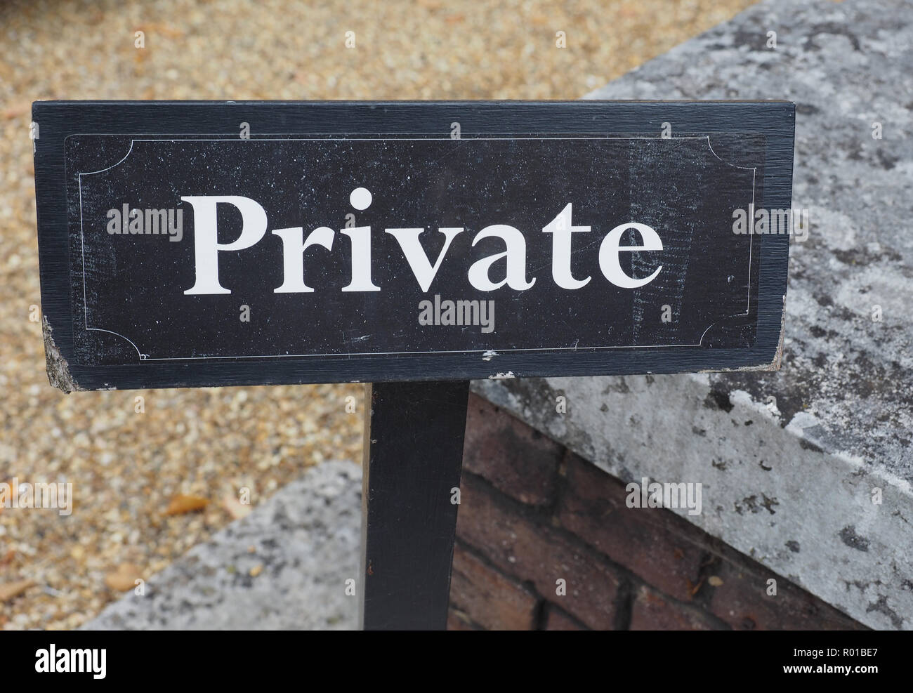 private no entry warning sign, white text over black Stock Photo - Alamy