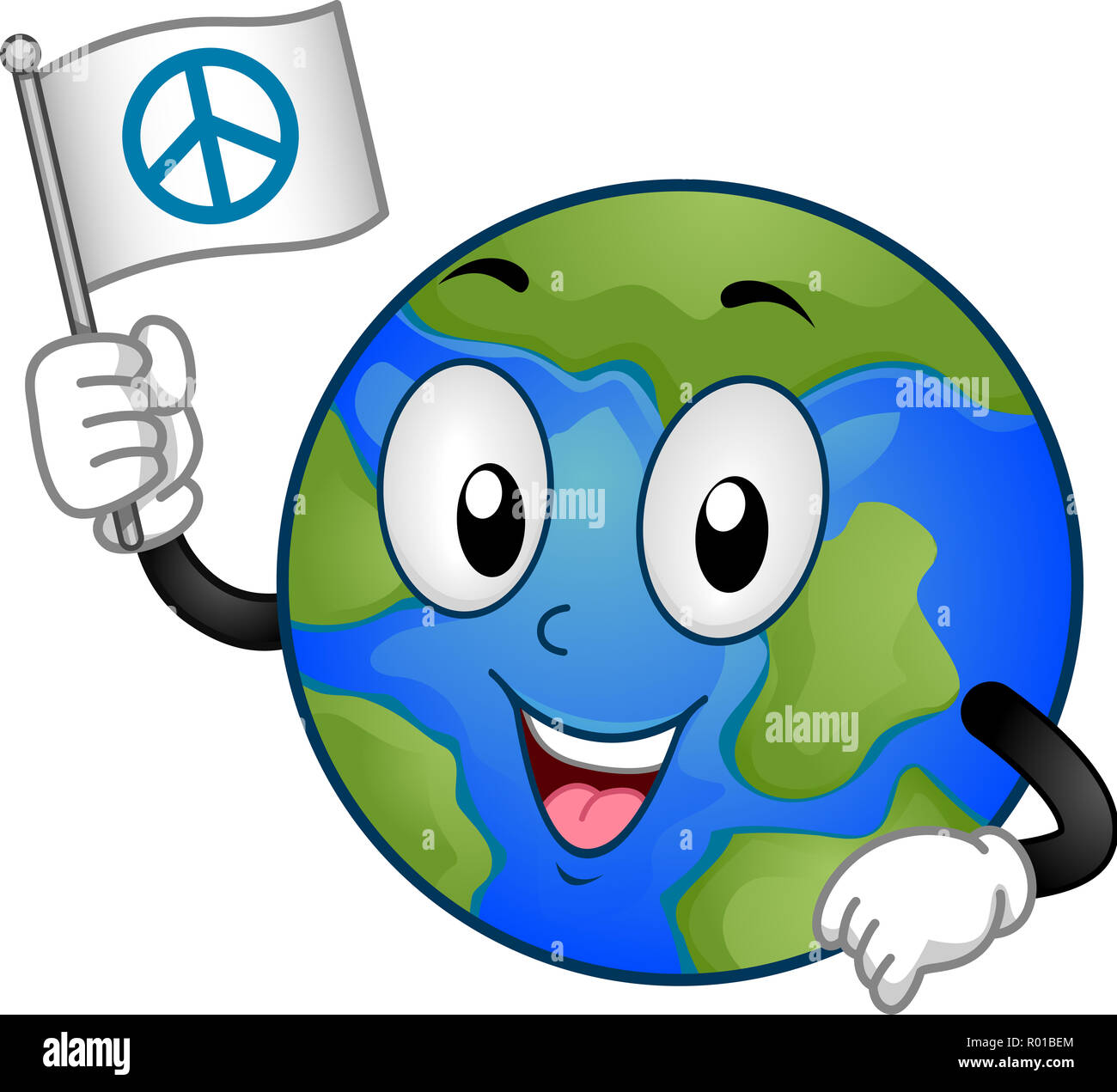 Illustration of an Earth Mascot Holding a Flag with a Peace Sign Stock ...