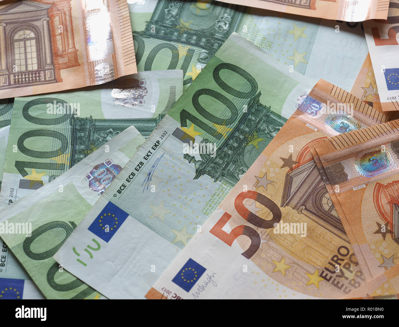 50 and 100 Euro banknotes money (EUR), currency of European Union Stock ...