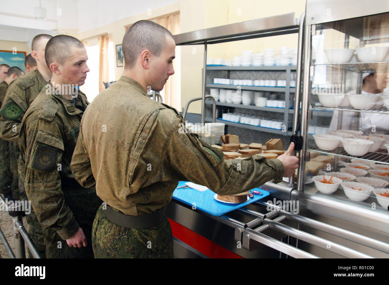 Dining room in the army, food soldiers. Russian dining room in the ...