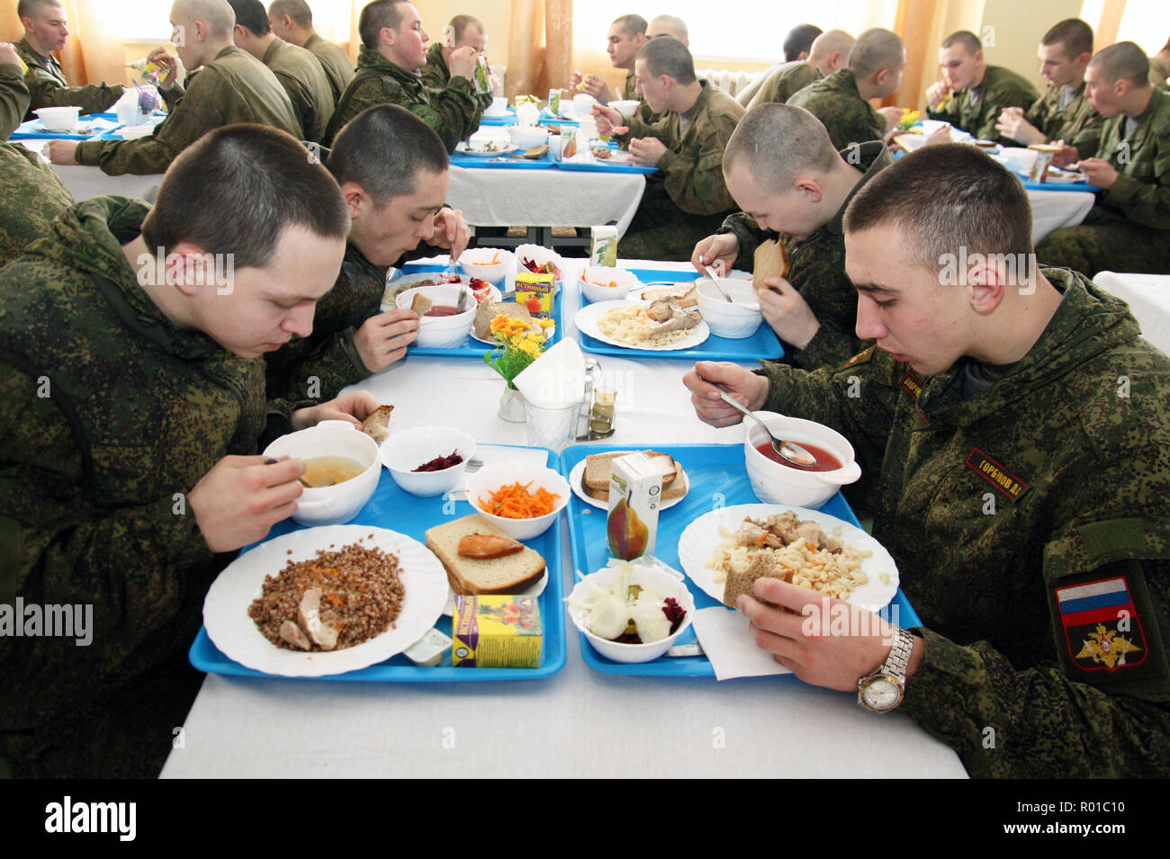 Dining room in the army, food soldiers. Russian dining room in the ...