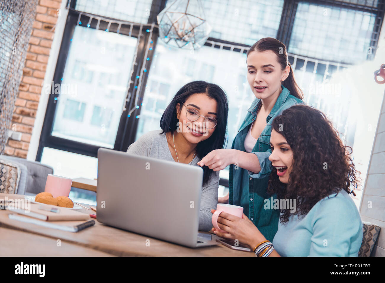 Positive pleasant woman pointing at the laptop screen Stock Photo - Alamy