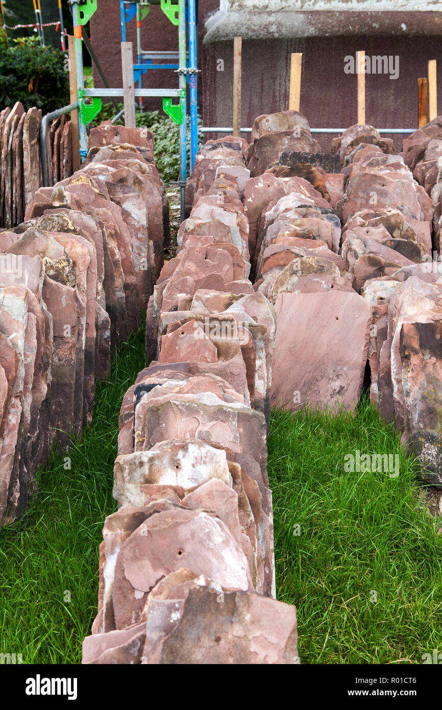 Old red sandstone roofing tiles, Bodenwerder, Weserbergland, Lower ...