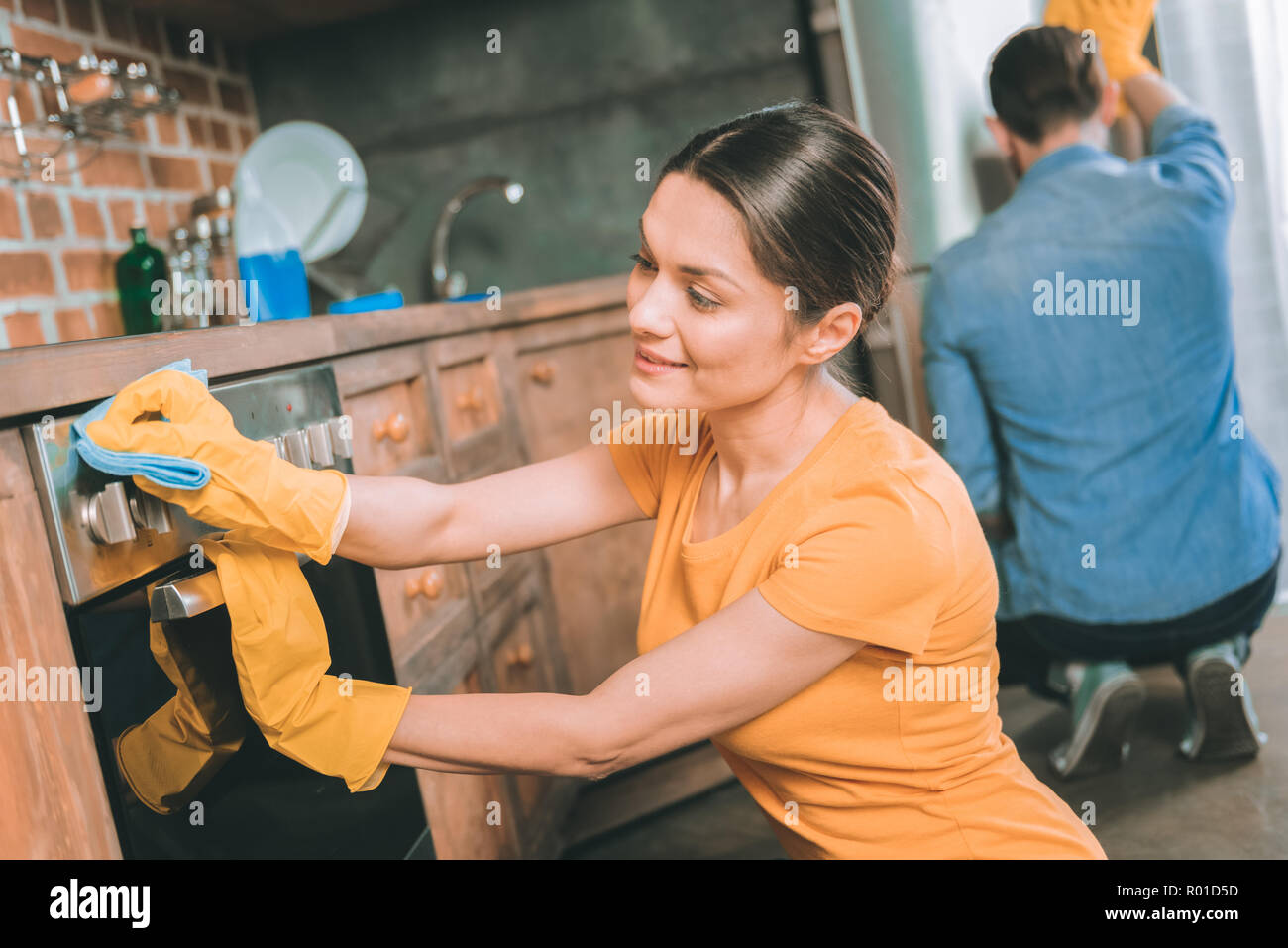 Beautiful young woman polishing oven Stock Photo - Alamy