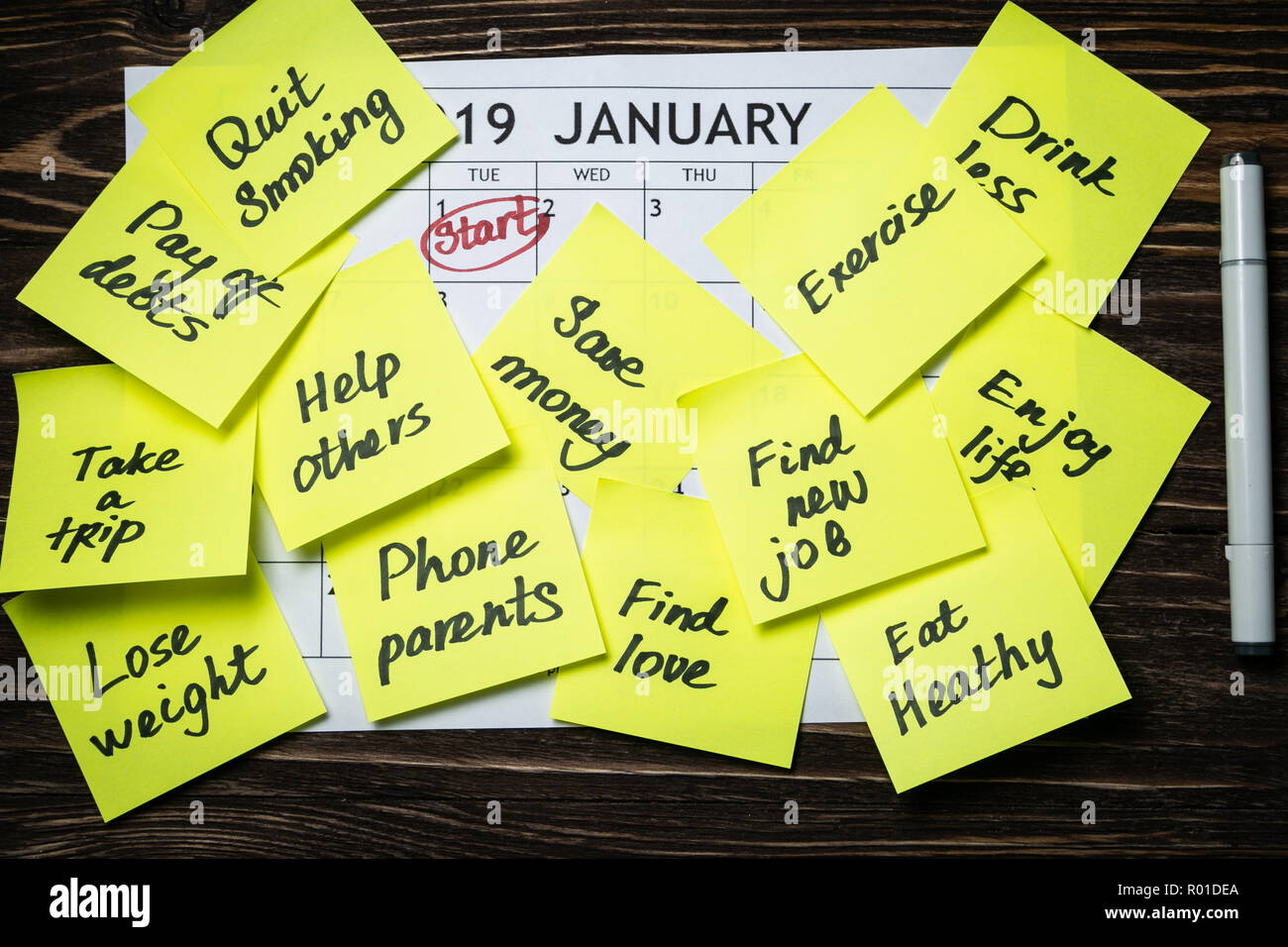 New year resolutions concept - resolutions on post-it notes with ...