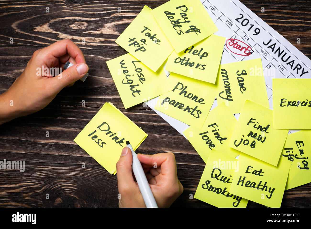 New year resolutions concept - resolutions on post-it notes with ...