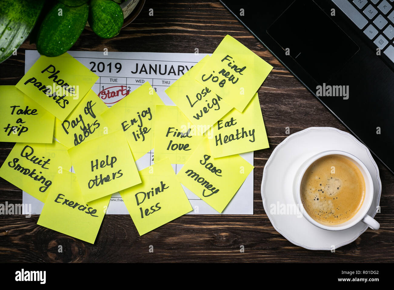 New year resolutions concept - resolutions on post-it notes with ...