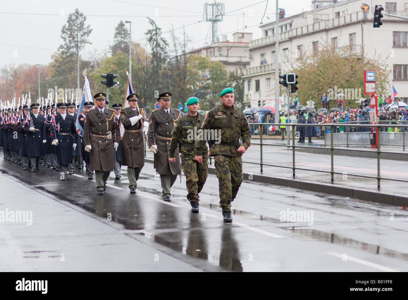 European street, Prague-October 28, 2018: Soldiers of Czech Army are ...