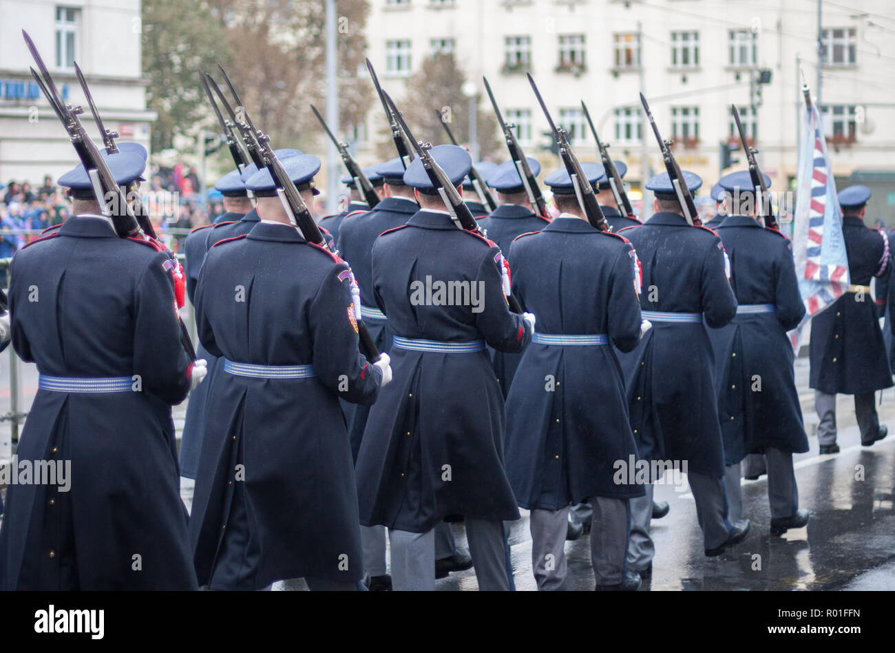 European street, Prague-October 28, 2018: Soldiers of Castle guard Army ...