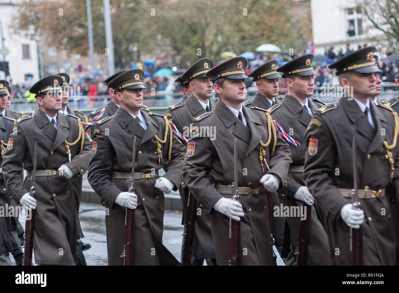 European street, Prague-October 28, 2018: Soldiers of Czech Army are ...