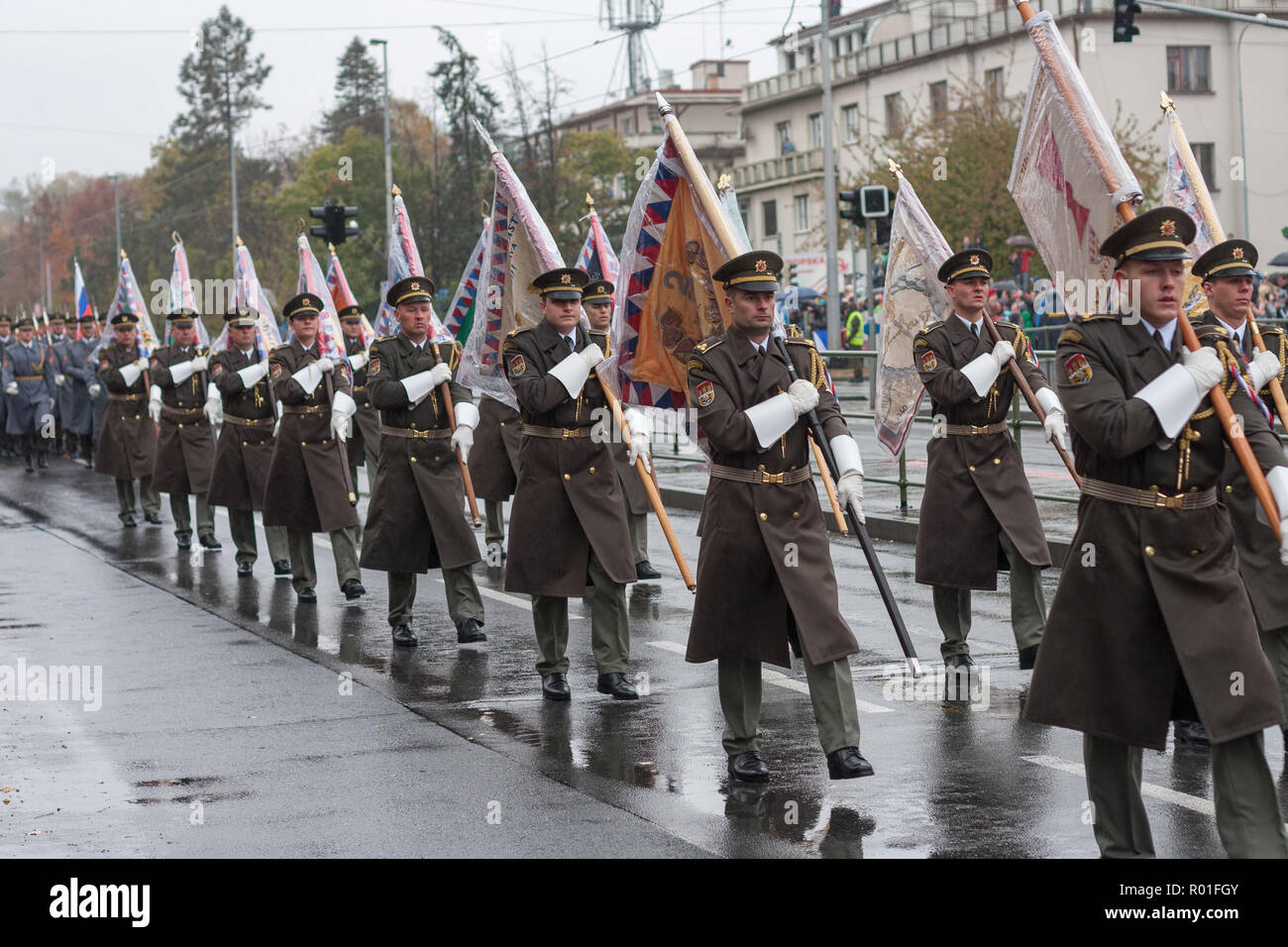 European street, Prague-October 28, 2018: Soldiers of Czech Army are ...