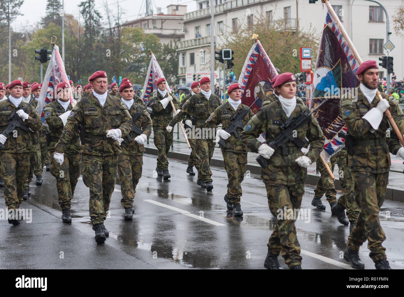 European street, Prague-October 28, 2018: Soldiers of Czech Army are ...