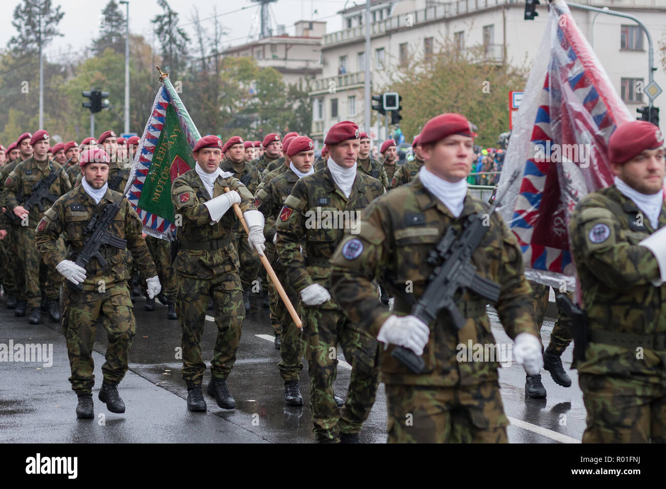 European street, Prague-October 28, 2018: Soldiers of Czech Army are ...