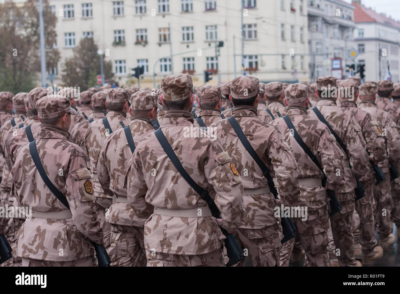 European street, Prague-October 28, 2018: Soldiers of Czech Army are ...
