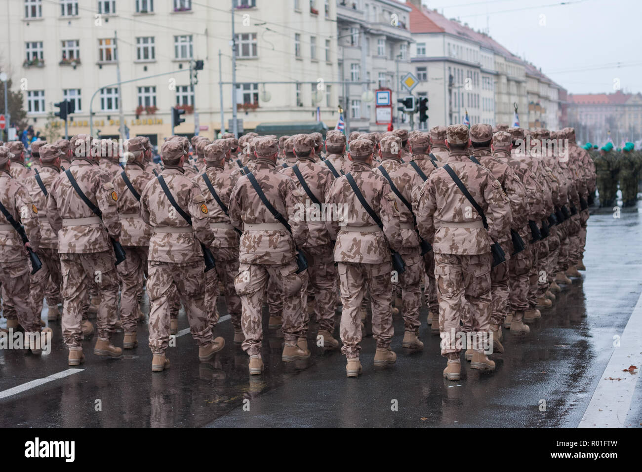 European street, Prague-October 28, 2018: Soldiers of Czech Army are ...