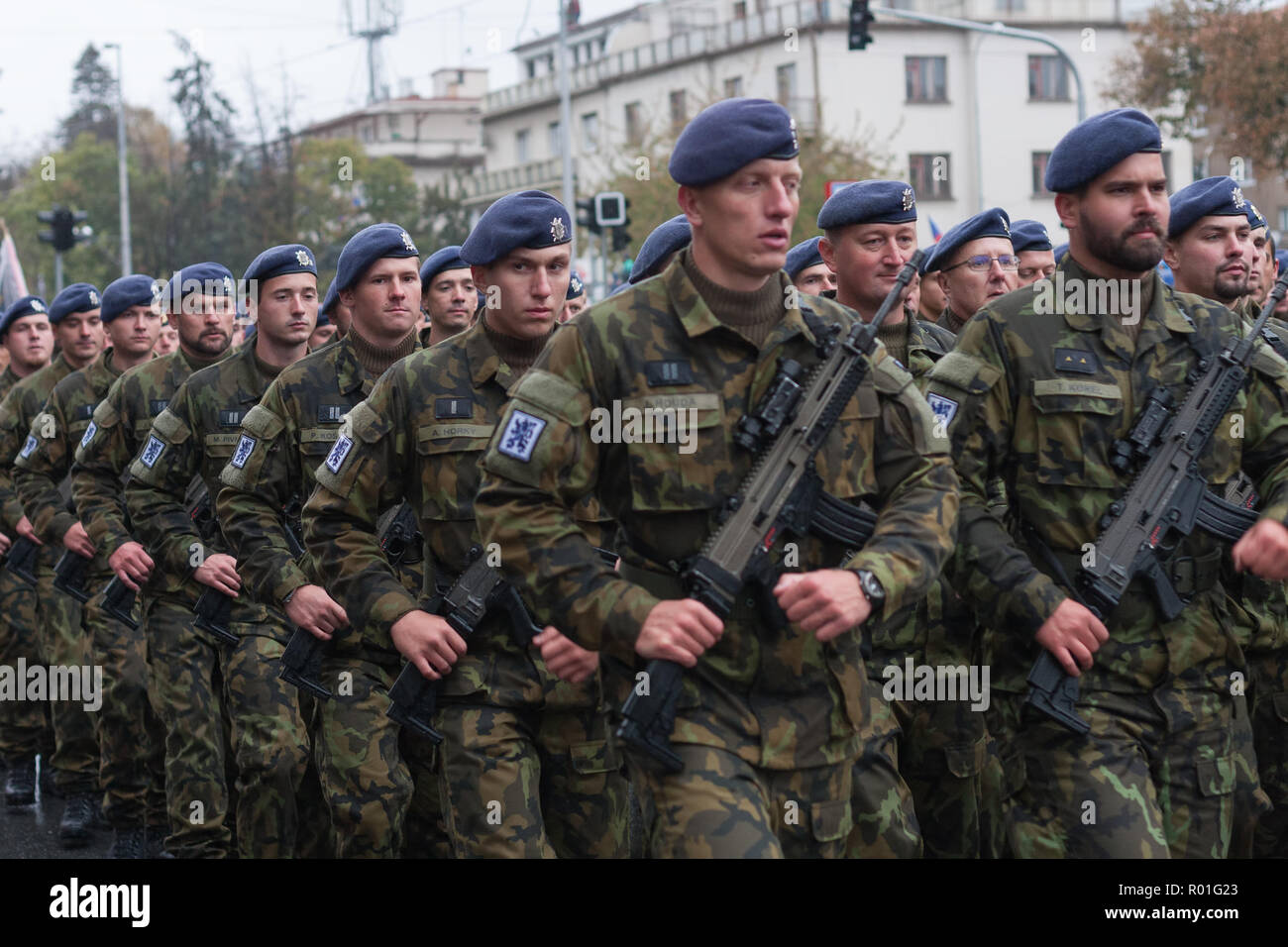 European street, Prague-October 28, 2018: Soldiers of Czech Army are ...