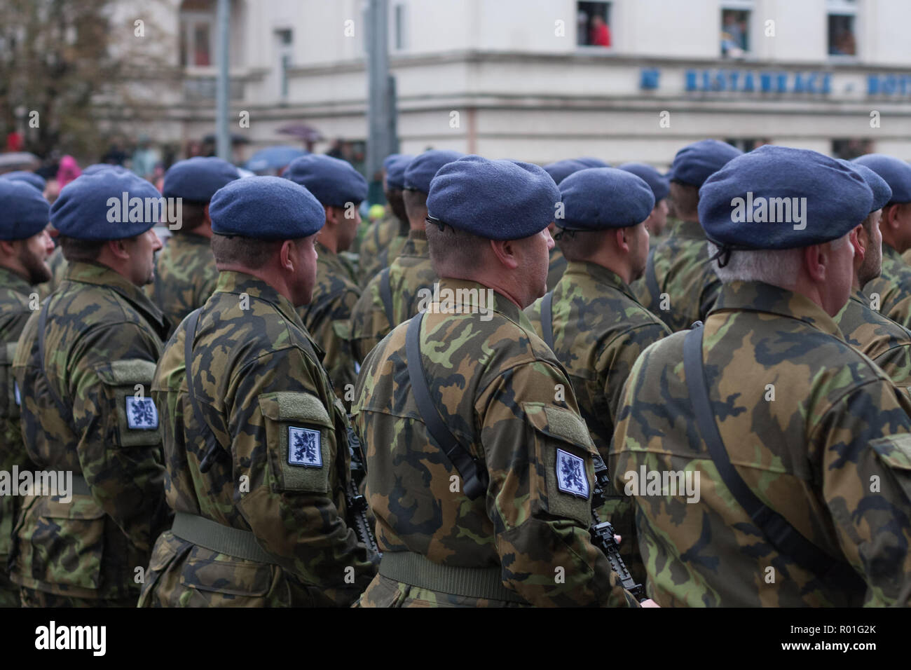 European street, Prague-October 28, 2018: Soldiers of Czech Army are ...