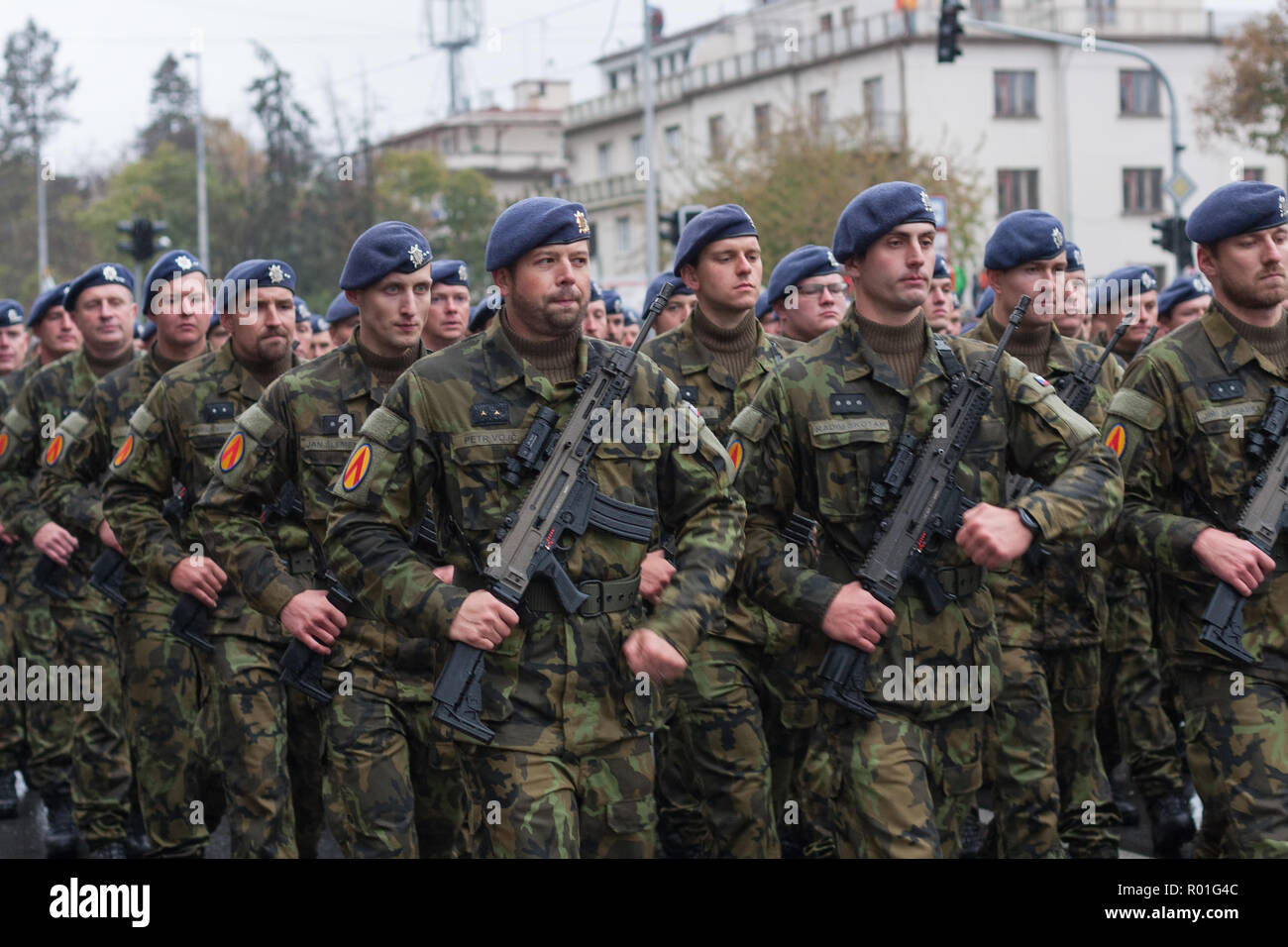 European street, Prague-October 28, 2018: Soldiers of Czech Army are ...
