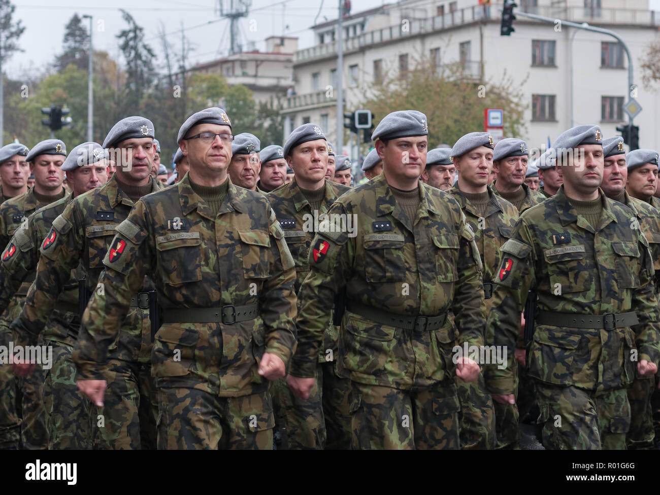 European street, Prague-October 28, 2018: Soldiers of Czech Army are ...