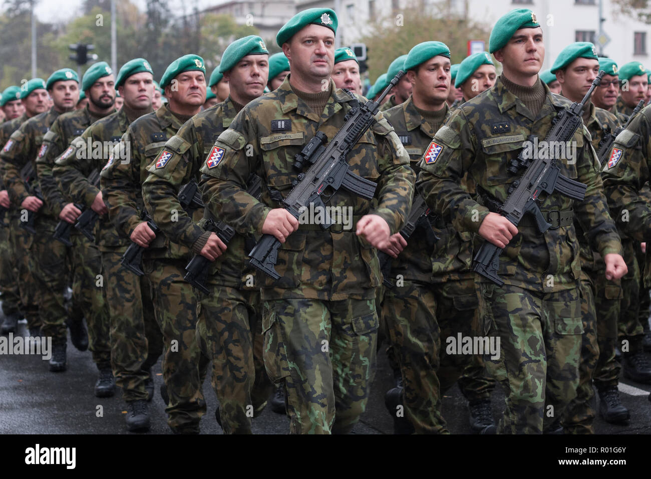 European street, Prague-October 28, 2018: Soldiers of Czech Army are ...