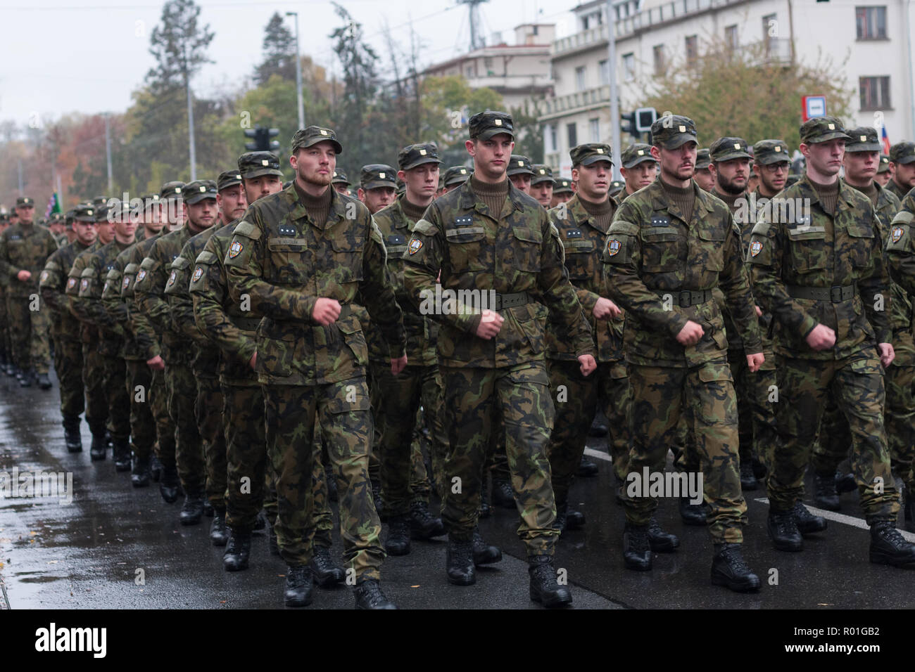 European street, Prague-October 28, 2018: Soldiers of Czech Army are ...