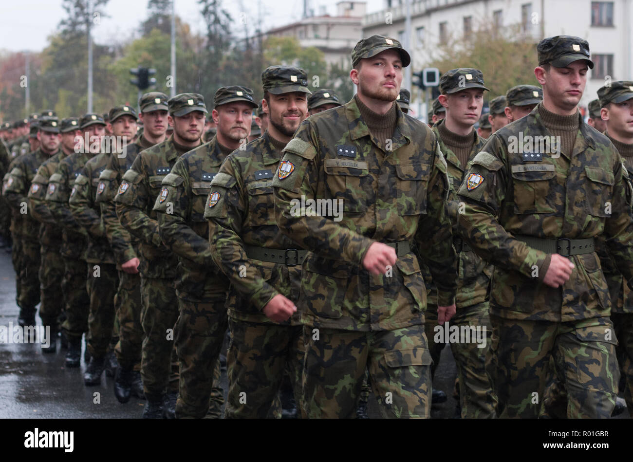 European street, Prague-October 28, 2018: Soldiers of Czech Army are ...