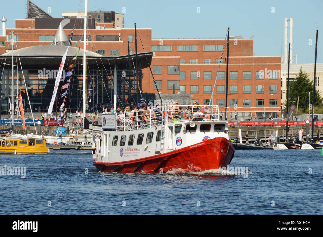 Small passenger boat taking visitors on a cruise around Cardiff Bay ...